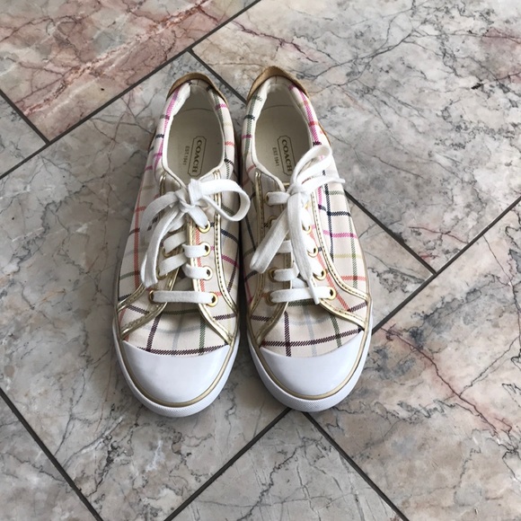 Coach | Shoes | Coach Signature Barrette Sneakers Plaid Gold Tan | Poshmark